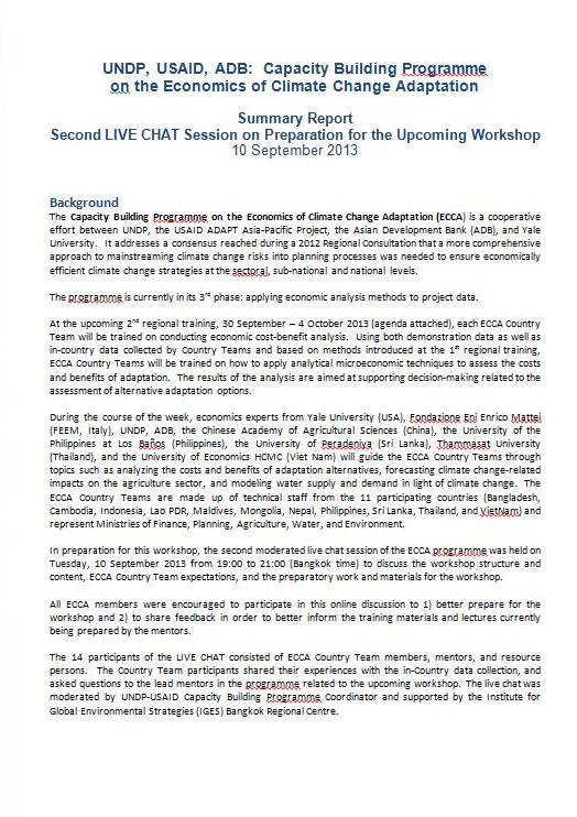 Second Live Chat Session Summary Report - September 2013 | UNDP Climate ...