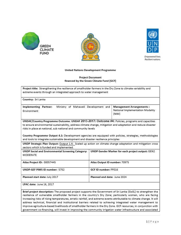 Project Document (ProDoc) - GCF Sri Lanka | UNDP Climate Change Adaptation