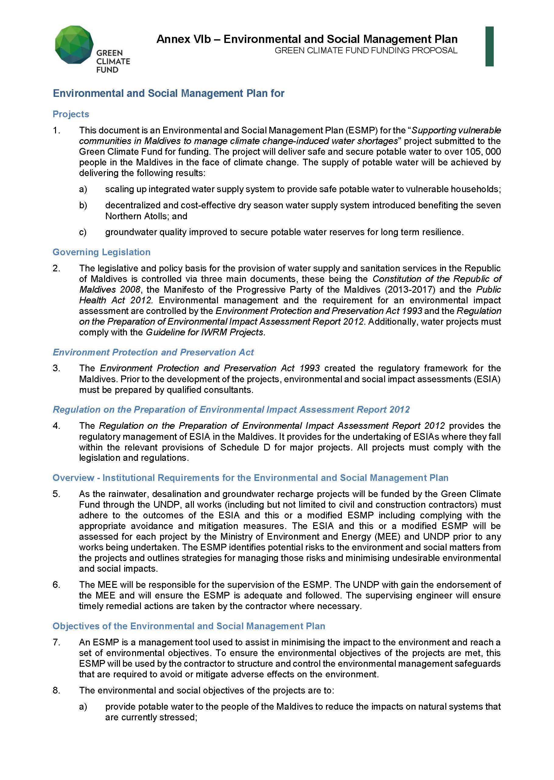 Environmental and Social Management Plan | UNDP Climate Change Adaptation