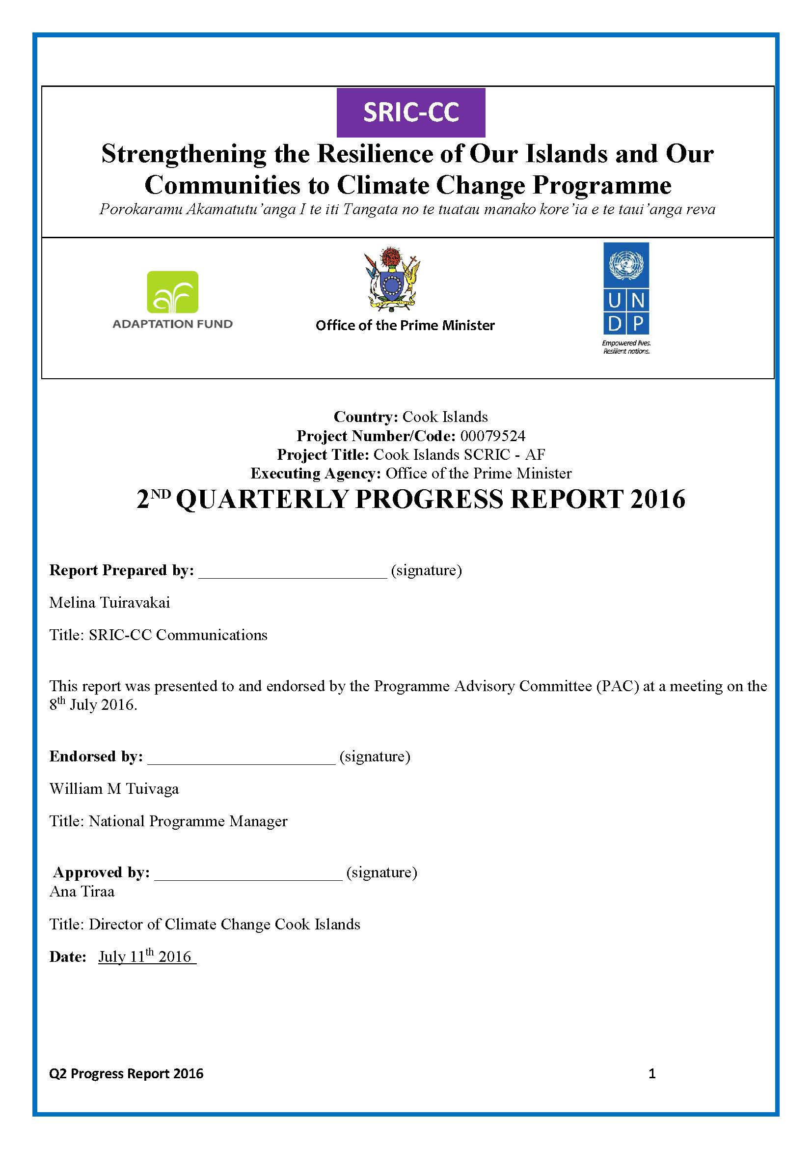 2nd Quarterly Progress Report, SRIC-CC, July 2016 | UNDP Climate Change ...