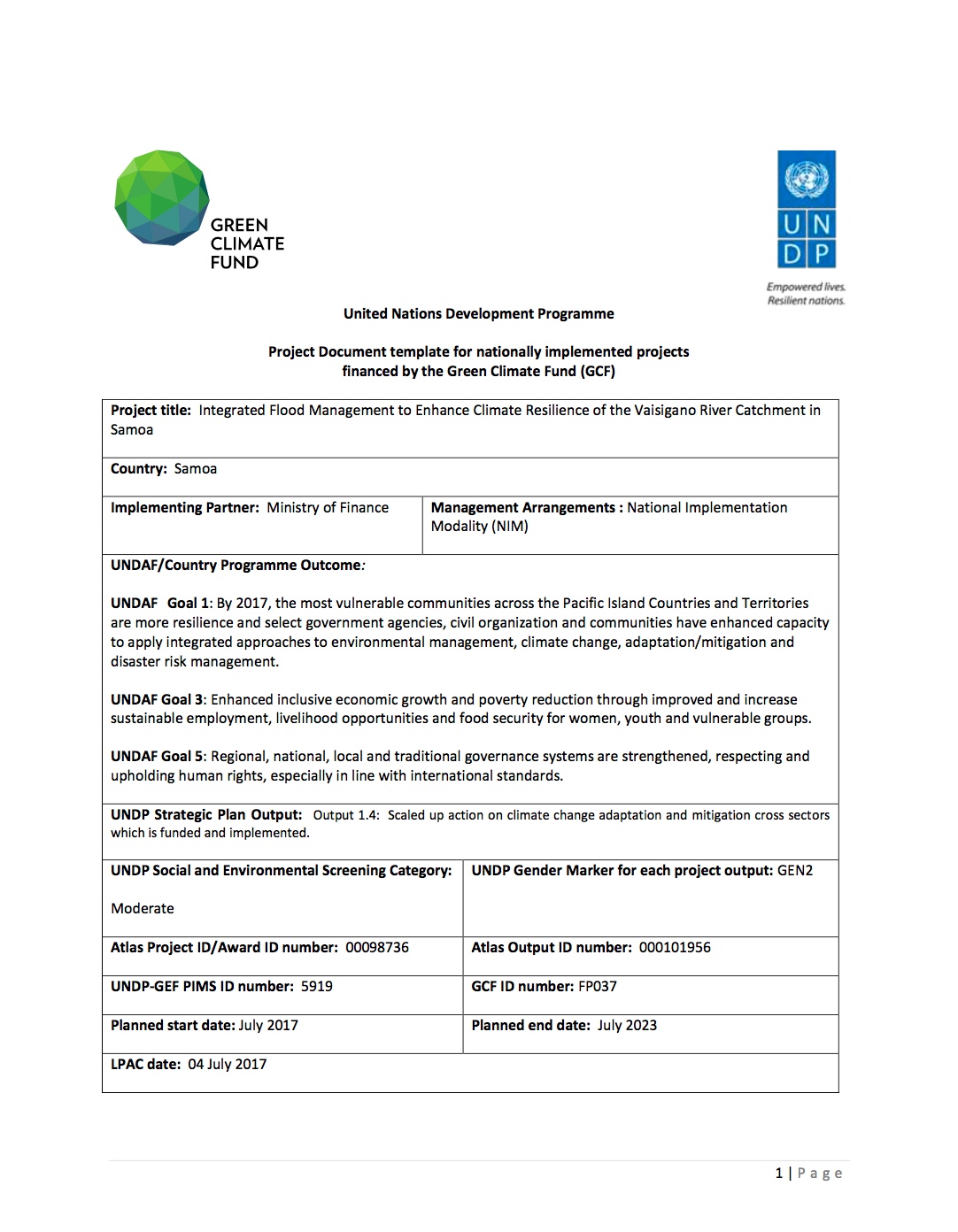Project Document (ProDoc) - GCF Samoa | UNDP Climate Change Adaptation