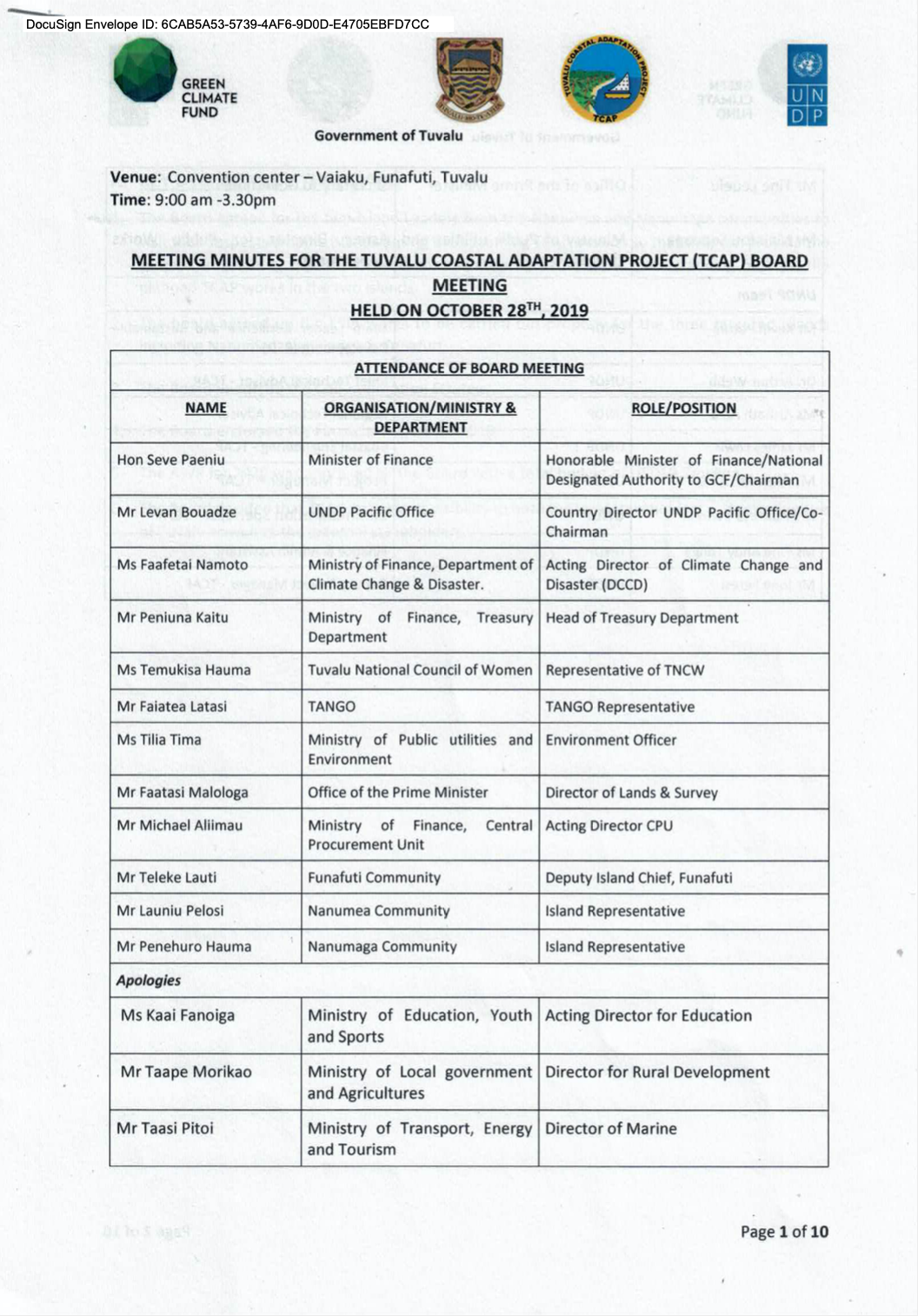Minutes of TCAP Project Board Meeting #4 | October 28 2019 | UNDP ...