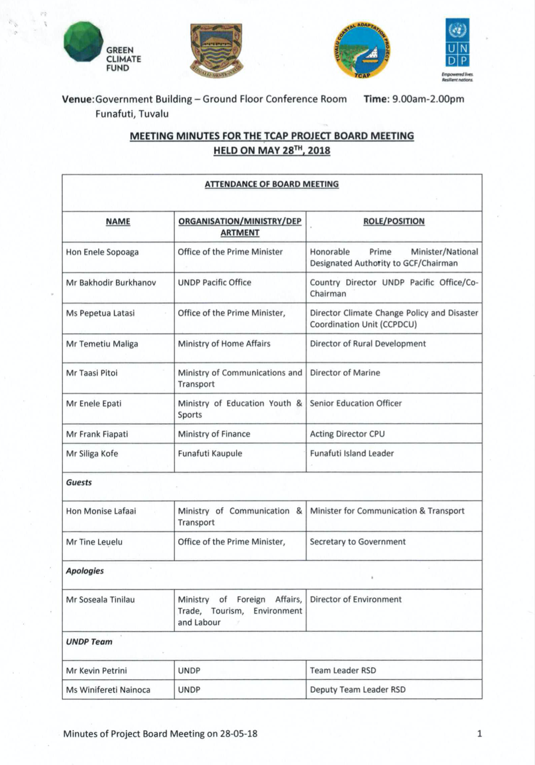 Minutes of TCAP Project Board Meeting #2 | May 28 2018 | UNDP Climate ...