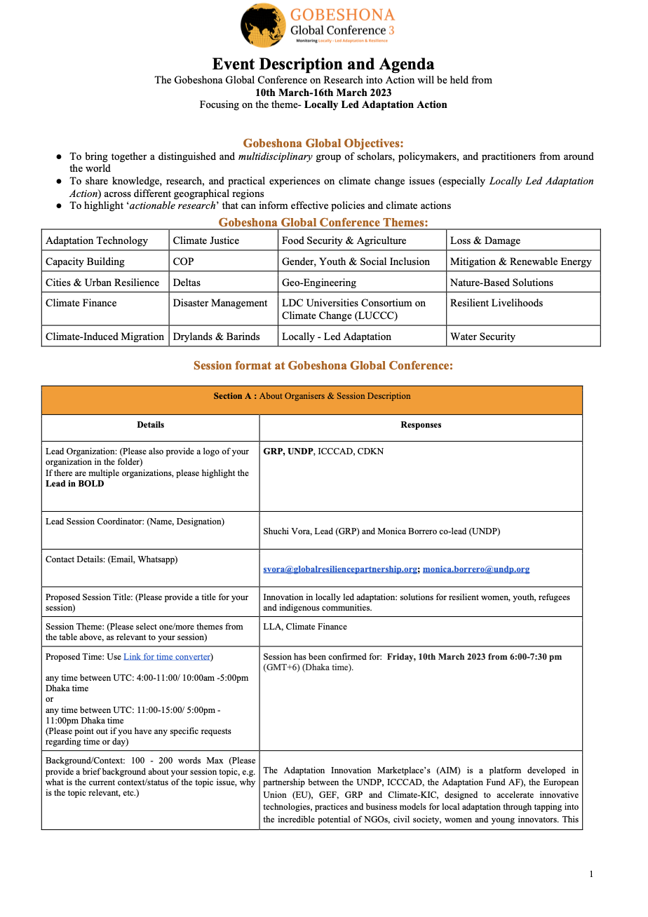 Session agenda: 'Innovation in locally led adaptation: Solutions for resilient women, youth ...