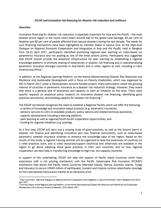 Information Note Escap And Innovative Risk Financing For Disaster Risk