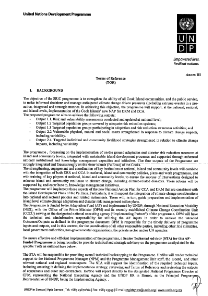 Cook Islands – AF STA Terms of Reference (TOR) | UNDP Climate Change ...