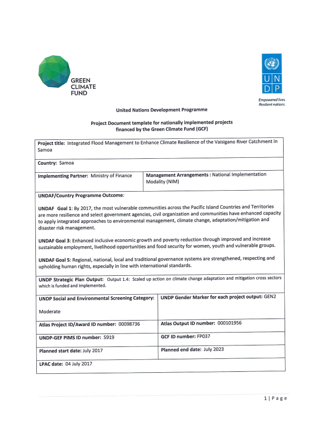 Project Document (ProDoc) - GCF Samoa | UNDP Climate Change Adaptation